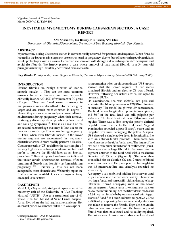 Pdf Inevitable Myomectomy During Caesarean Section A Case Report A