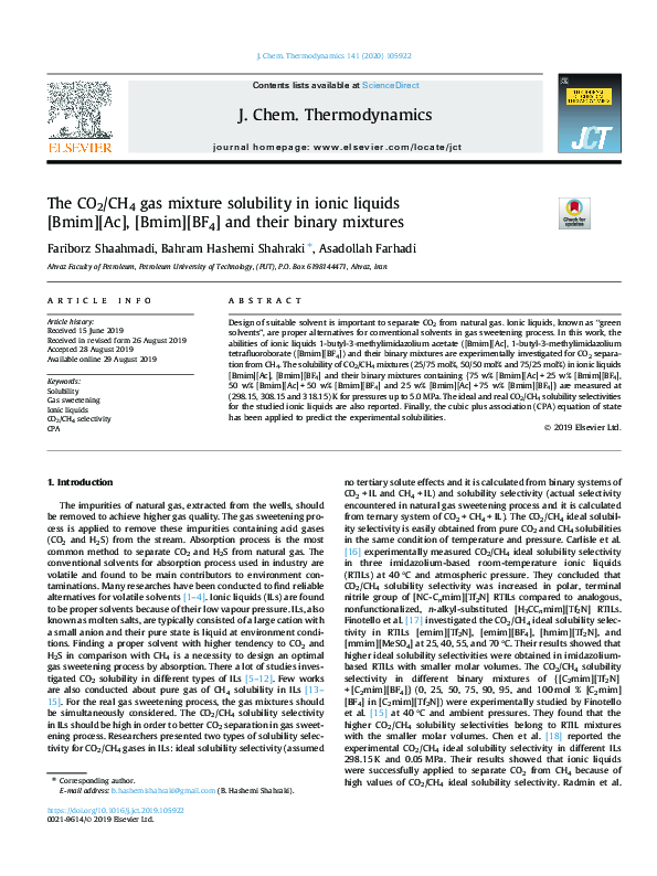 (PDF) The CO2/CH4 gas mixture solubility in ionic liquids [Bmim][Ac ...