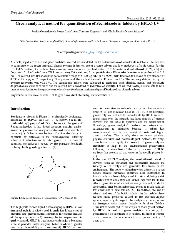 (PDF) Green Analytical Method for Quantification of Secnidazole in Tablets by HPLC-Uv