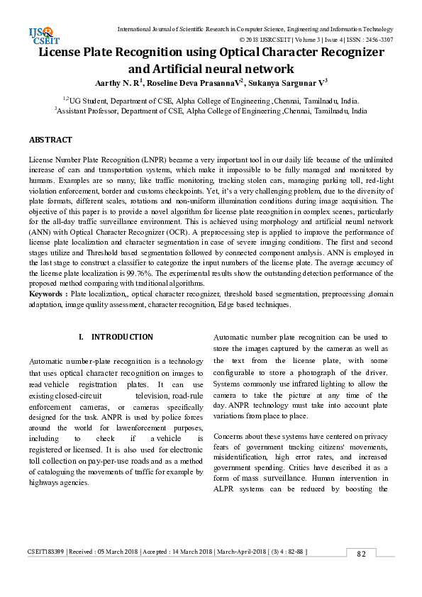 (PDF) License Plate Recognition using Optical Character Recognizer and Artificial neural network