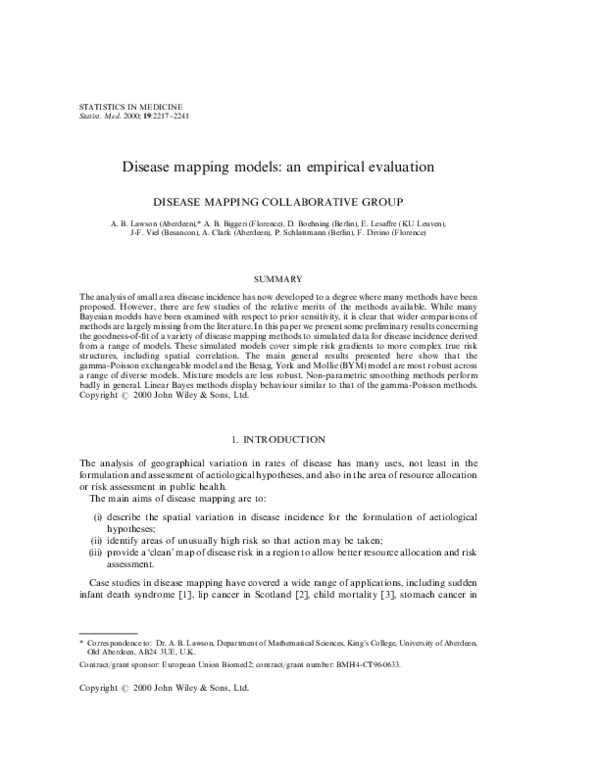 (PDF) Disease mapping models: an empirical evaluation