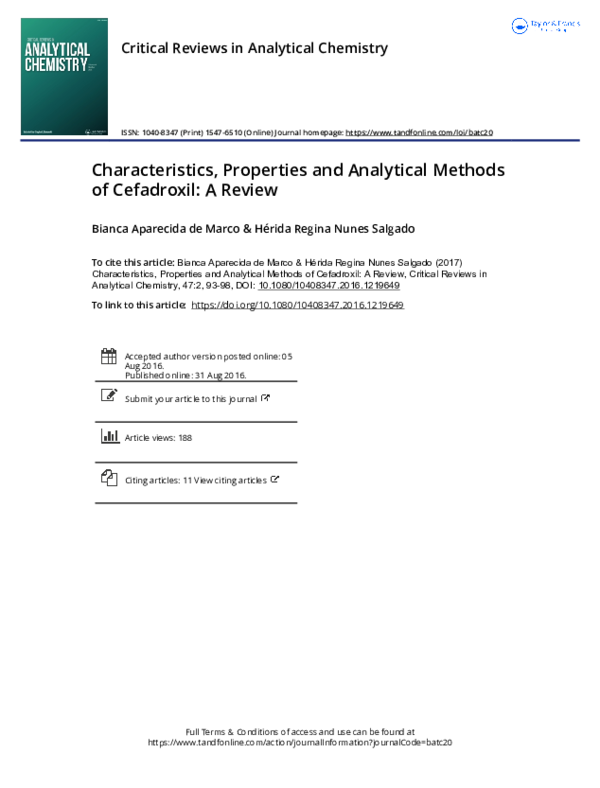 (PDF) Characteristics, Properties and Analytical Methods of Cefadroxil: A Review