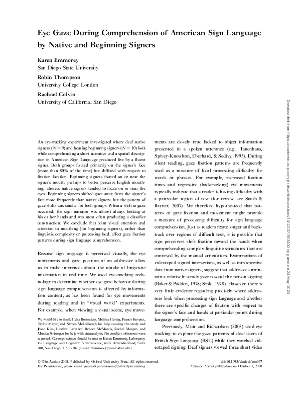 (PDF) Eye Gaze During Comprehension of American Sign Language by Native ...