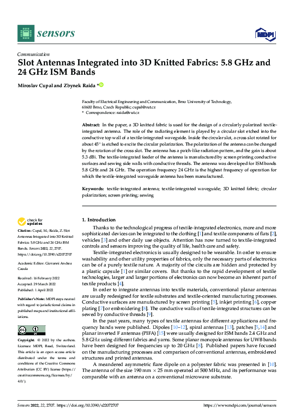 (PDF) Slot Antennas Integrated into 3D Knitted Fabrics: 5.8 GHz and 24 ...