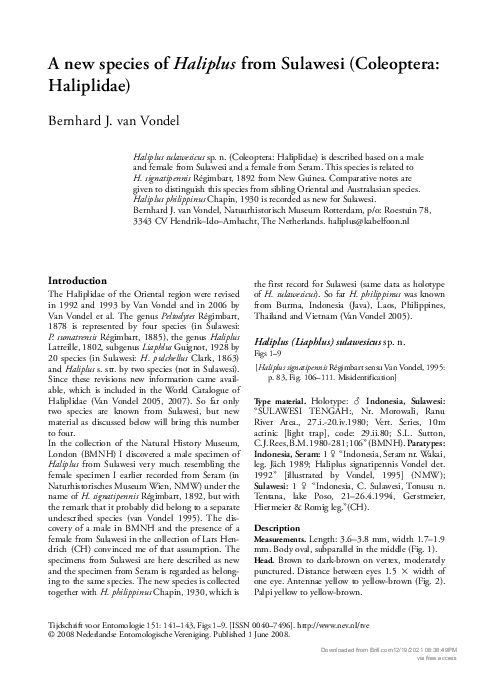 (PDF) A new species of Haliplus from Sulawesi (Coleoptera: Haliplidae)