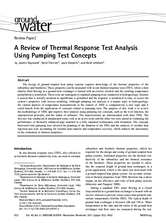 (PDF) A Review of Thermal Response Test Analysis Using Pumping Test ...