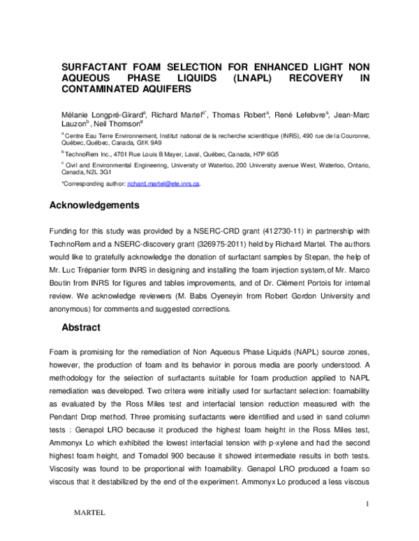 (PDF) Surfactant Foam Selection for Enhanced Light Non-Aqueous Phase ...