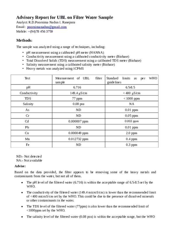 (PDF) Advisory Report for UBL on Filter Water Sample