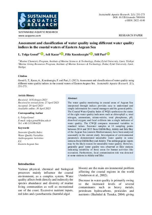 (PDF) Assessment and classification of water quality using different ...