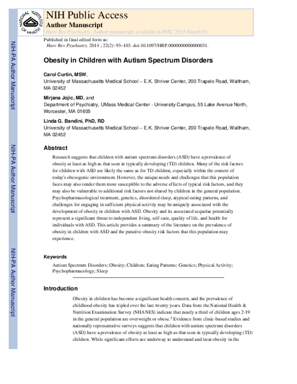 (PDF) Obesity in Children with Autism Spectrum Disorder