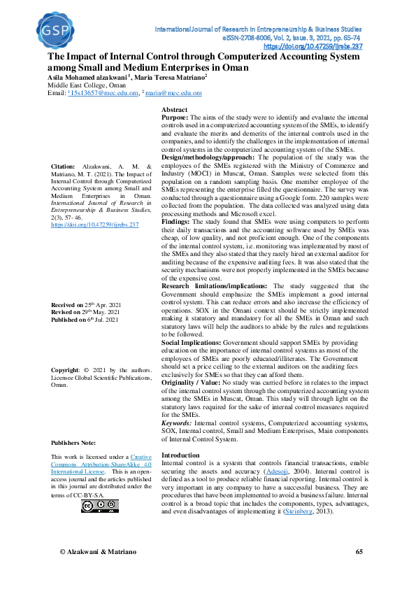 (PDF) The Impact of Internal Control through Computerized Accounting System among Small and ...