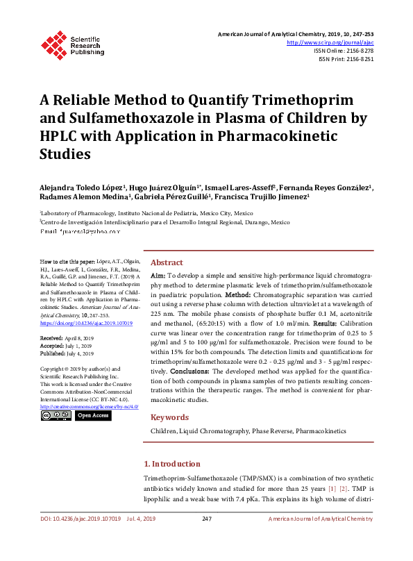 (PDF) A Reliable Method to Quantify Trimethoprim and Sulfamethoxazole in Plasma of Children by ...