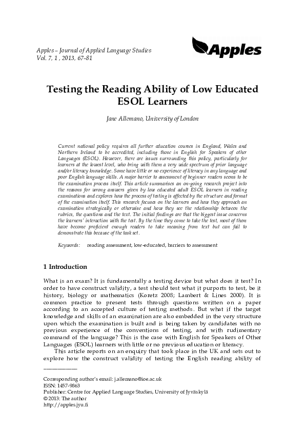 (PDF) Testing the Reading Ability of Low Educated ESOL Learners