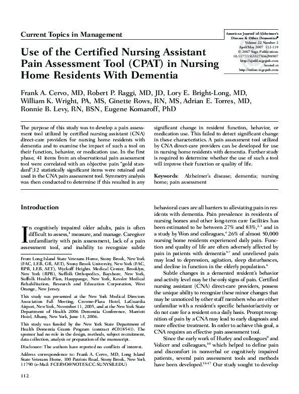 (PDF) Use of the Certified Nursing Assistant Pain Assessment Tool (CPAT) in Nursing Home ...