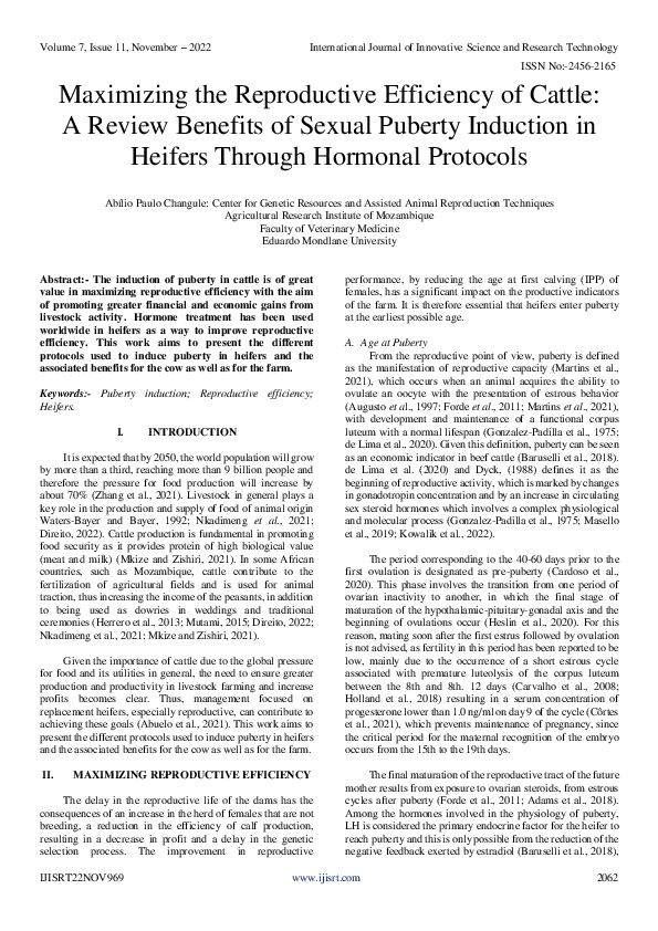 (PDF) Maximizing the Reproductive Efficiency of Cattle: A Review Benefits of Sexual Puberty ...