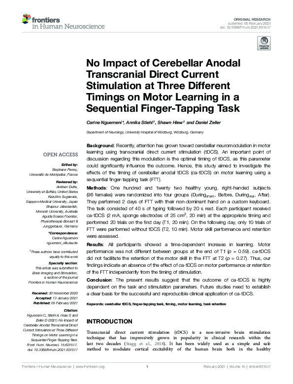 (PDF) No Impact of Cerebellar Anodal Transcranial Direct Current Stimulation at Three Different ...