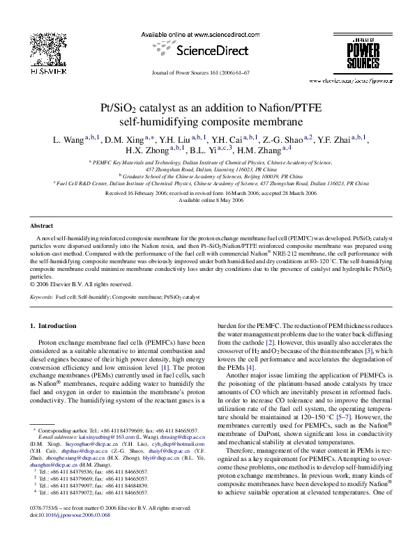 (PDF) Pt/SiO2 catalyst as an addition to Nafion/PTFE self-humidifying ...