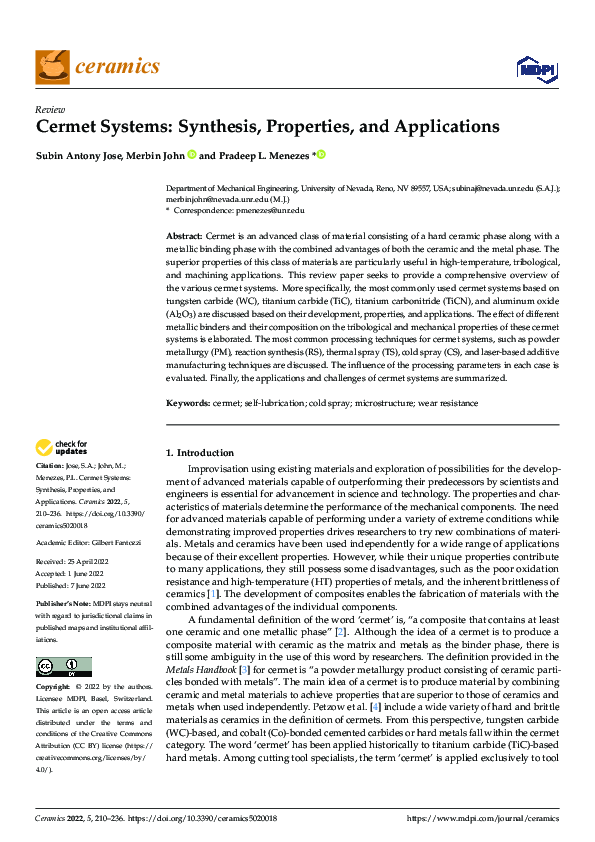 (PDF) Cermet Systems: Synthesis, Properties, and Applications