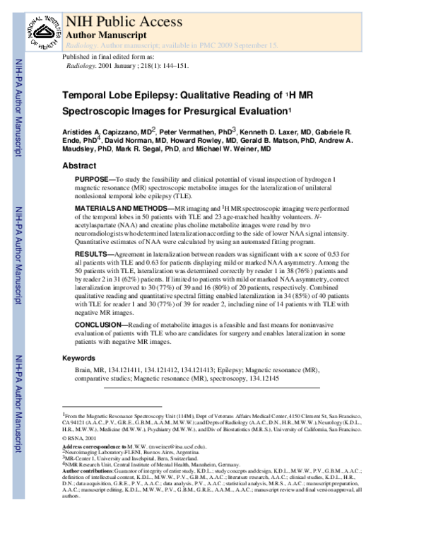 (PDF) Temporal Lobe Epilepsy: Qualitative Reading of 1 H MR ...