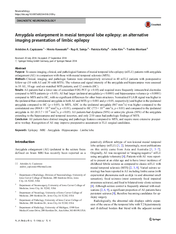 (PDF) Amygdala enlargement in mesial temporal lobe epilepsy: an alternative imaging presentation ...