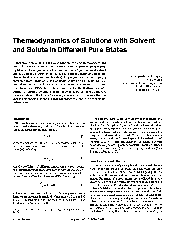 (PDF) Thermodynamics of solutions with solvent and solute in different ...