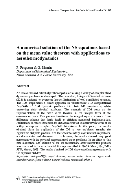 (PDF) A numerical solution of the NS equations based on the mean value ...