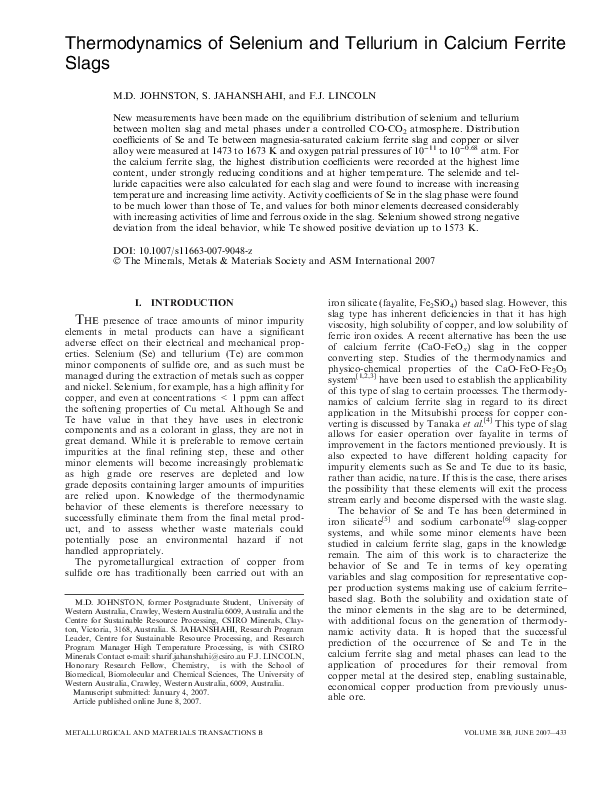 (PDF) Thermodynamics of Selenium and Tellurium in Calcium Ferrite Slags ...