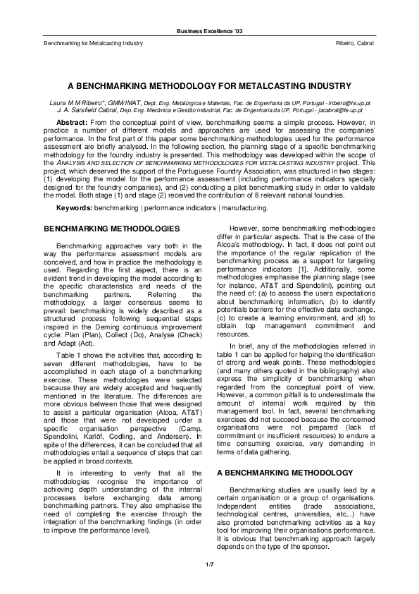 (PDF) A benchmarking methodology for metalcasting industry
