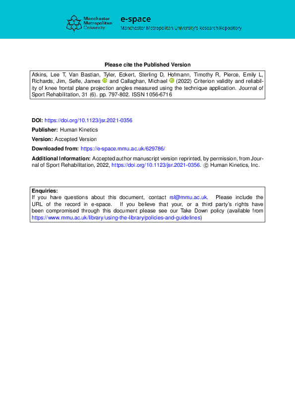 Pdf Criterion Validity And Reliability Of Knee Frontal Plane
