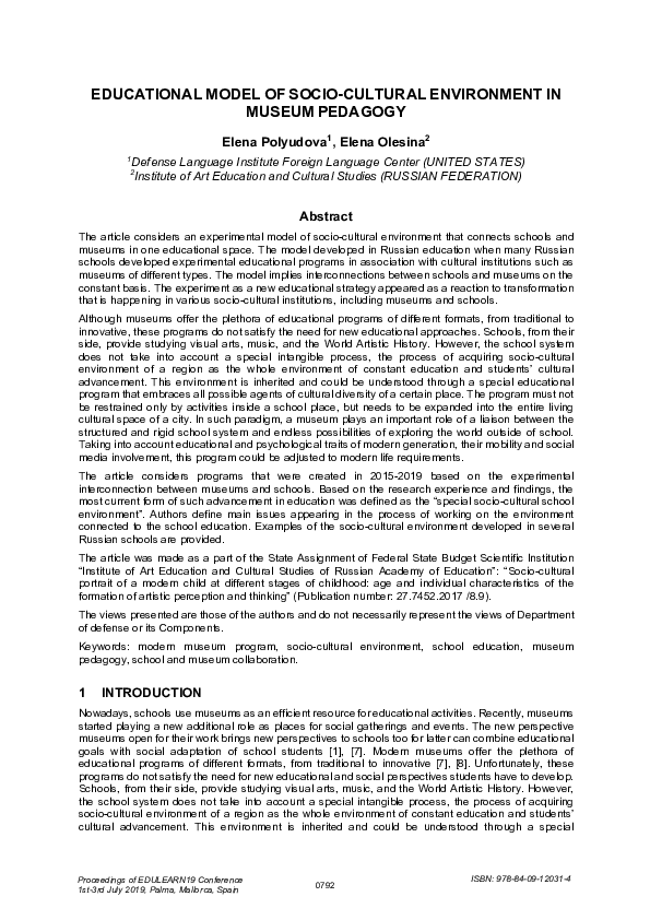 (PDF) Educational Model of Socio-Cultural Environment in Museum Pedagogy