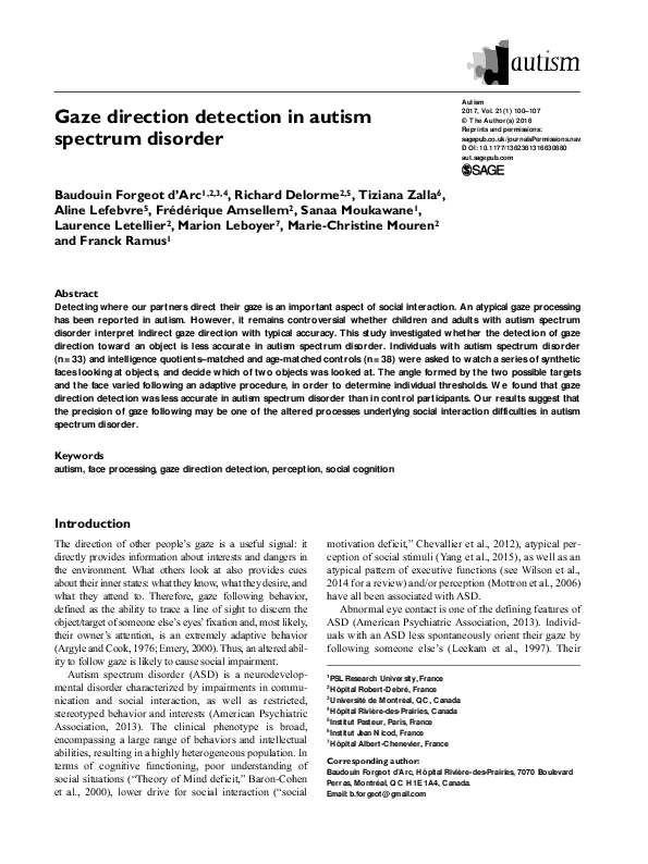 (PDF) Gaze direction detection in autism spectrum disorder