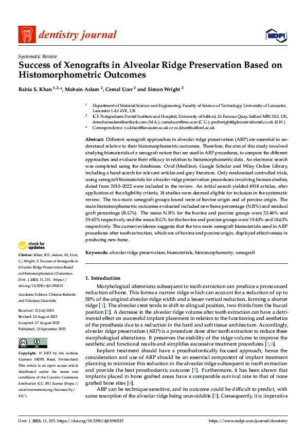 (PDF) Success of Xenografts in Alveolar Ridge Preservation Based on Histomorphometric Outcomes