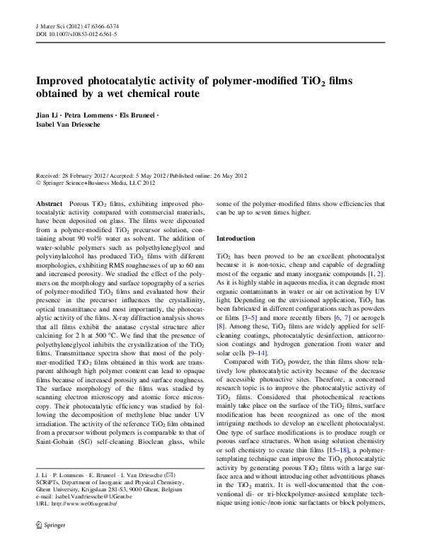 (PDF) Improved photocatalytic activity of polymer-modified TiO2 films obtained by a wet chemical ...