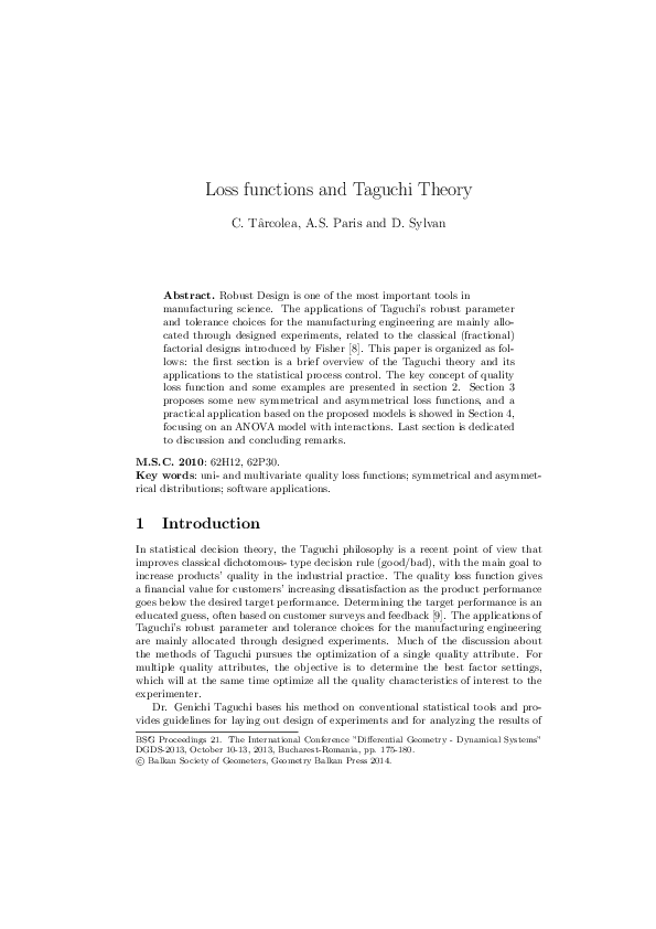 (PDF) Loss functions and Taguchi Theory
