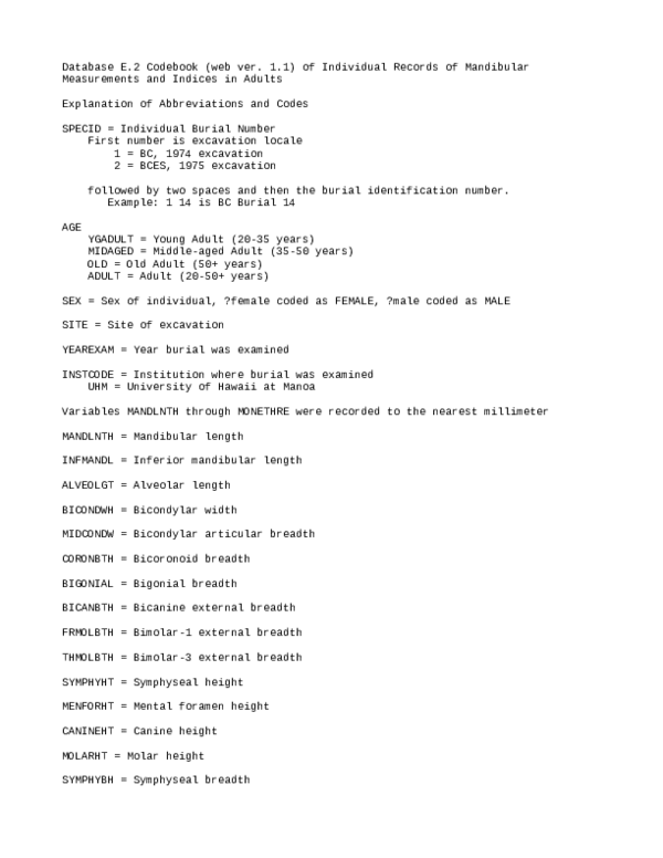 Codesheet for E2