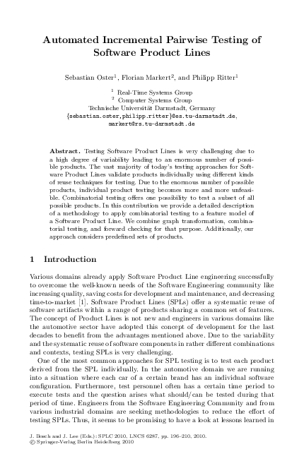 Pdf Automated Incremental Pairwise Testing Of Software Product Lines Sebastian V Oster