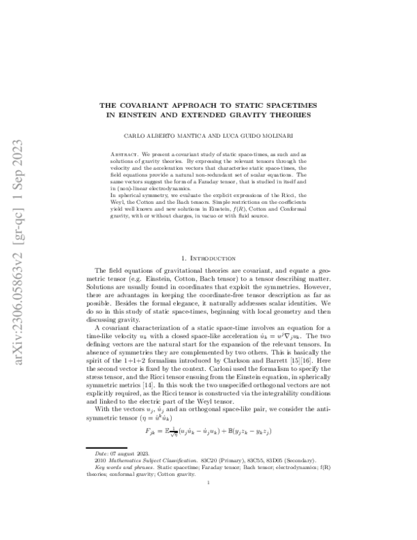 (PDF) The covariant approach to static spacetimes in Einstein and extended gravity theories