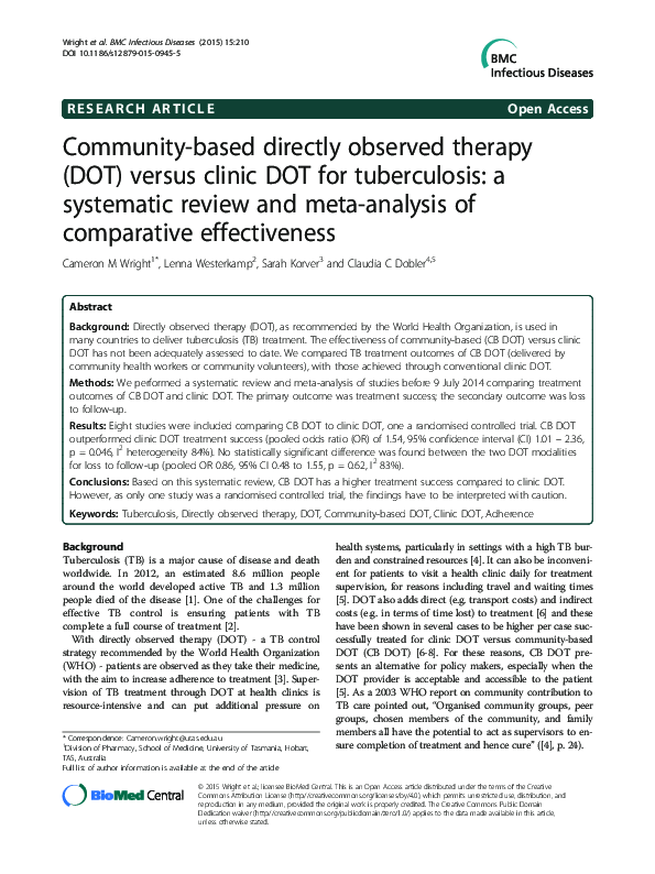 (PDF) Community-based directly observed therapy (DOT) versus clinic DOT for tuberculosis: a ...