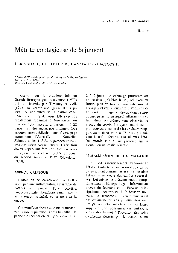 (PDF) Métrite contagieuse de la jument