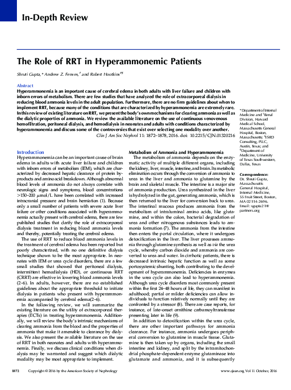 (PDF) The Role of RRT in Hyperammonemic Patients
