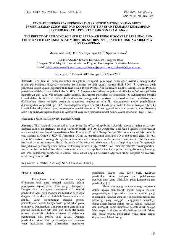 (PDF) Pengaruh Penerapan Pendekatan Saintifik Menggunakan Model Pembelajaran Discovery Dan ...