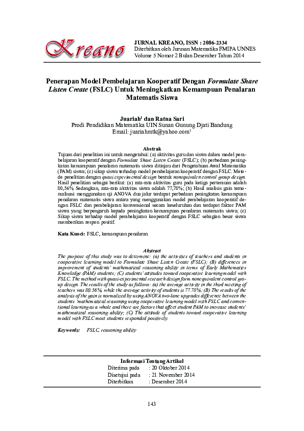 (PDF) Penerapan Model Pembelajaran Kooperatif Dengan Formulate Share Listen Create (FSLC) Untuk ...