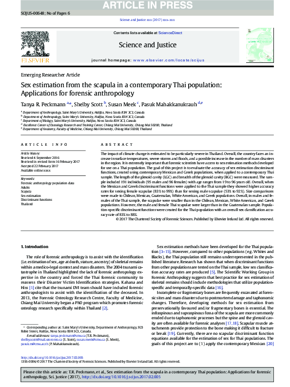 Pdf Sex Estimation From The Scapula In A Contemporary Thai Population