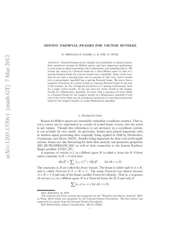 (PDF) Moving Parseval frames for vector bundles | MADELINE KATHRYN WYSE - Academia.edu