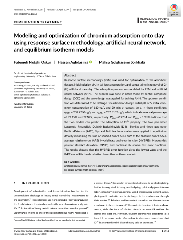 (PDF) Modeling and optimization of chromium adsorption onto clay using response surface ...