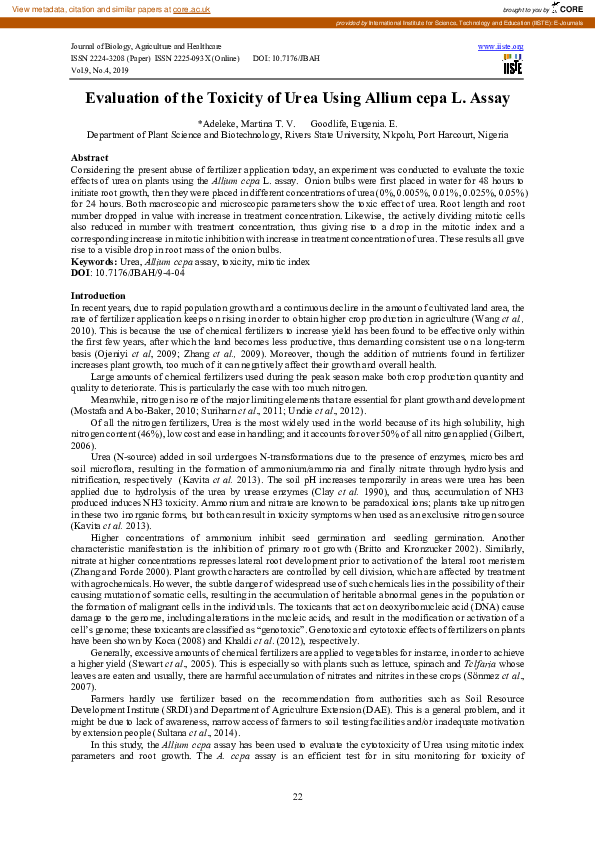 (PDF) Evaluation of the Toxicity of Urea Using Allium cepa L. Assay