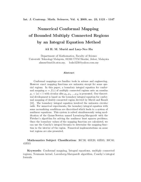 (PDF) Numerical conformal mapping of bounded multiply connected regions by an integral equation ...