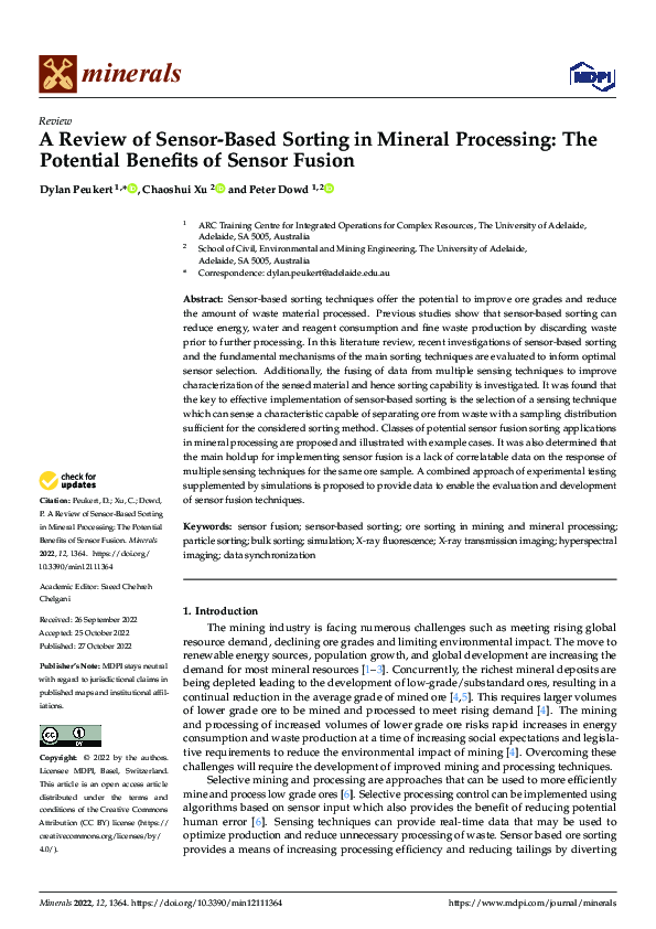 (PDF) A Review of Sensor-Based Sorting in Mineral Processing: The Potential Benefits of Sensor ...