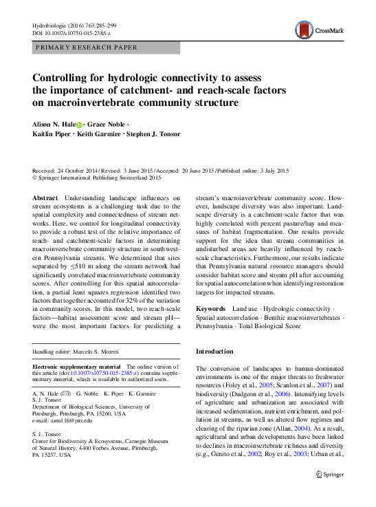 (PDF) Controlling for hydrologic connectivity to assess the importance of catchment- and reach ...