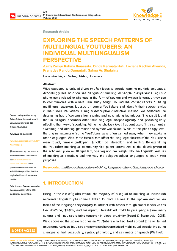 (PDF) Exploring The Speech Patterns of Multilingual Youtubers: an Individual Multilingualism ...